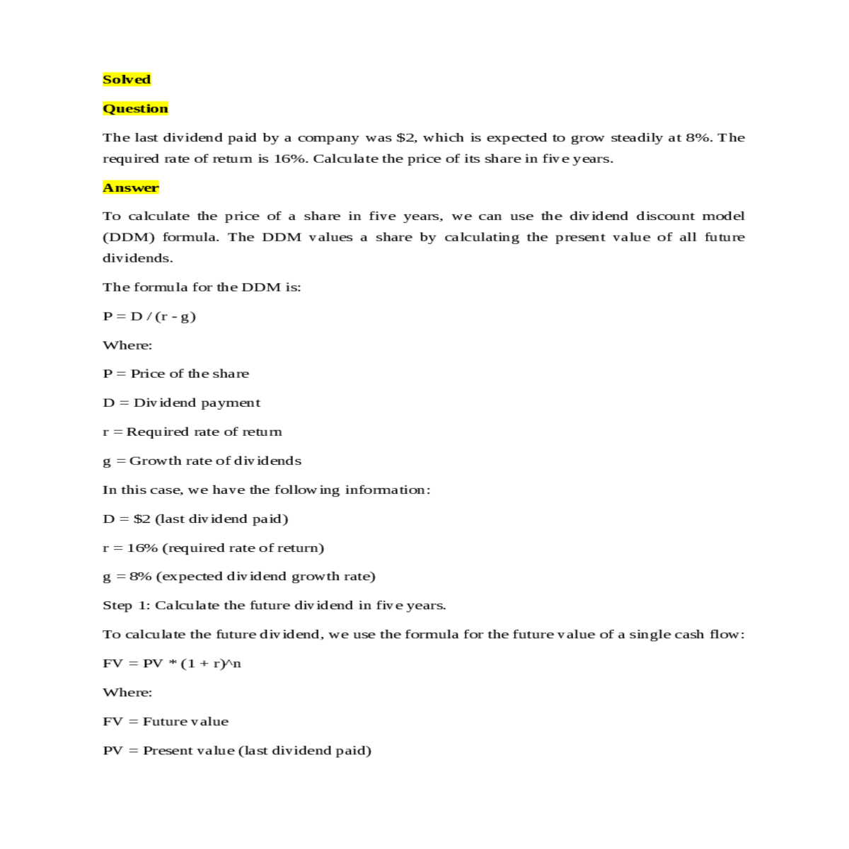 can now calculate the price the share therefore