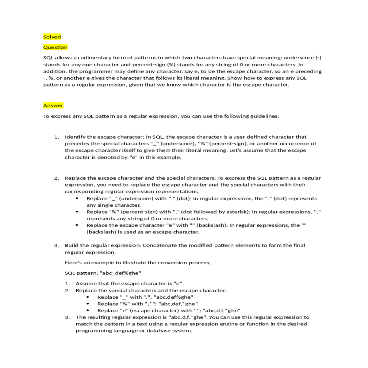 show how express any sql pattern regular expression