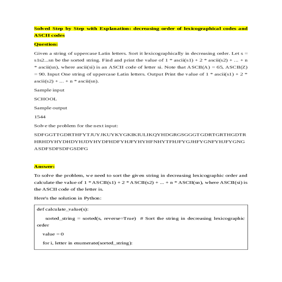 Output Print The Value Ascii Ascii