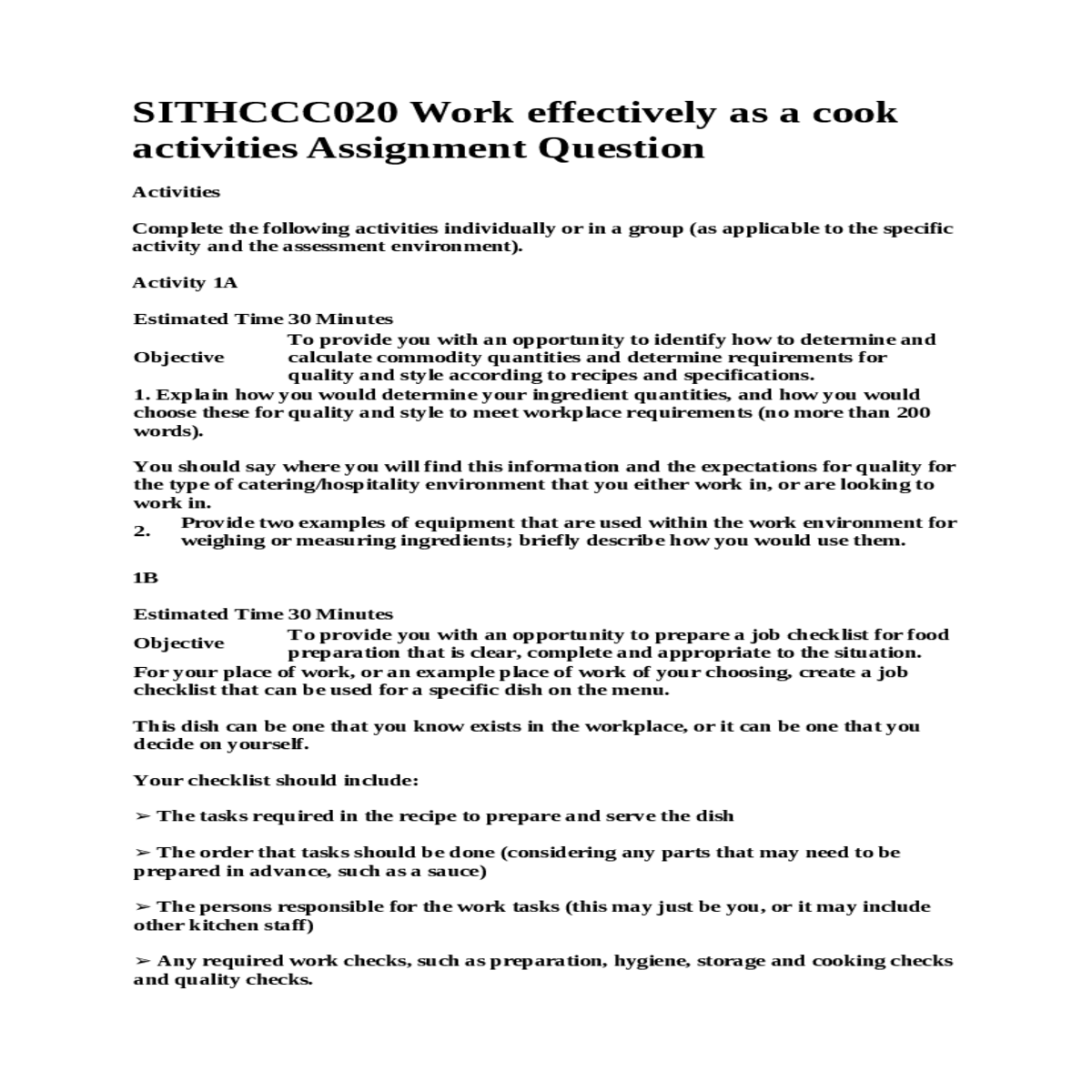 SITHCCC020 Work effectively as a cook activities Assignment Question, delegate and monitor tasks ...