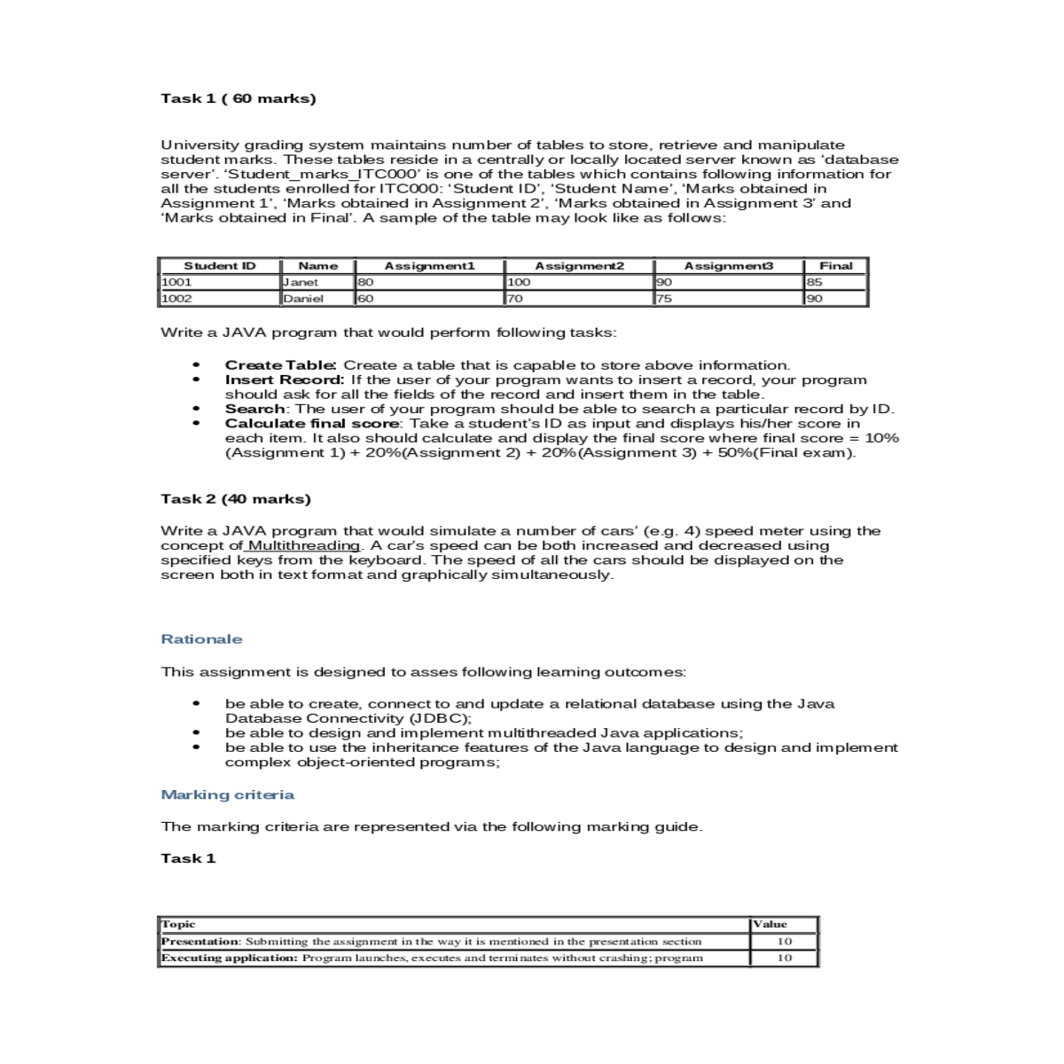 task marks grading system maintains number tables store