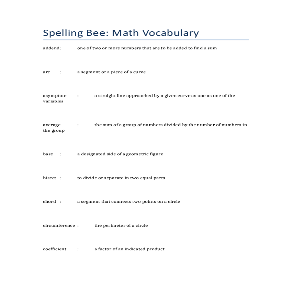 spelling bee math vocabulary