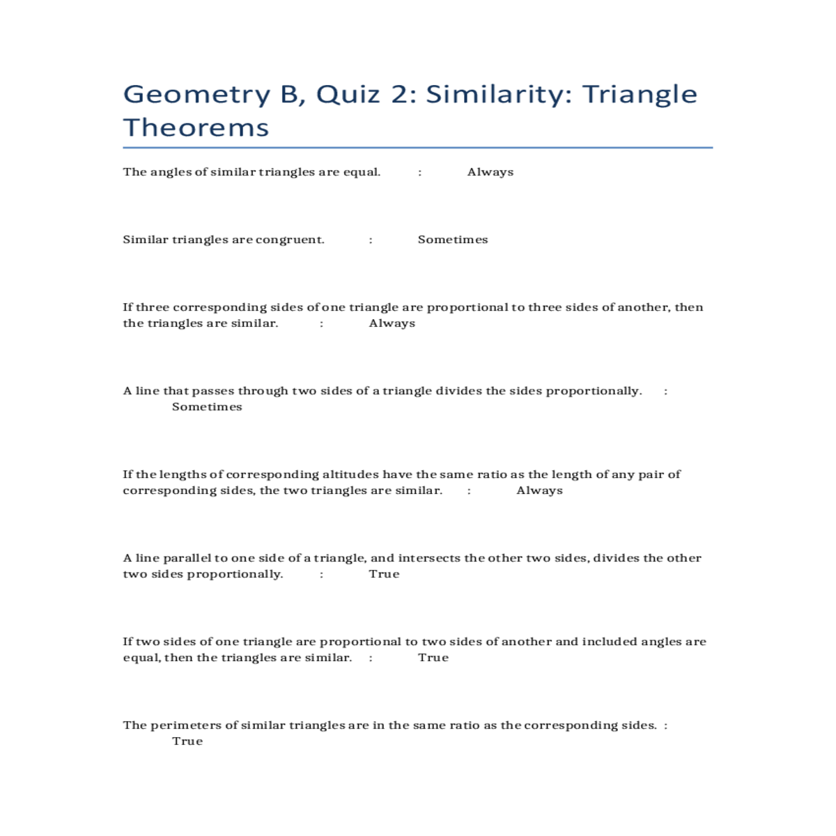 geometry b quiz 2 similarity triangle theorems