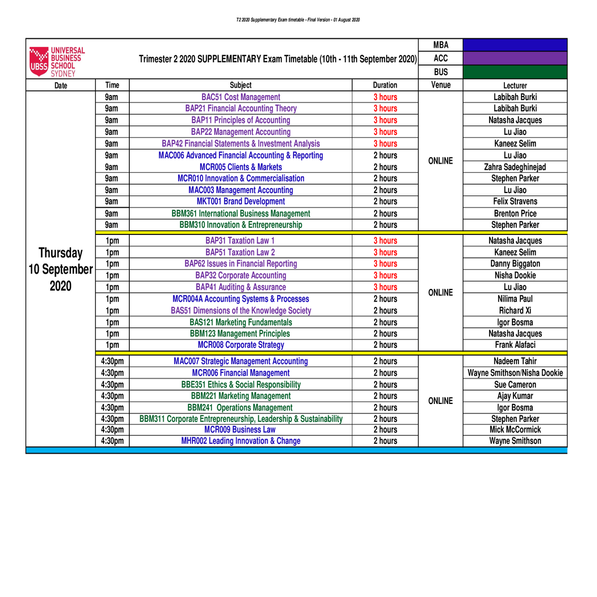 supplementary exam timetable final version august trimester sup