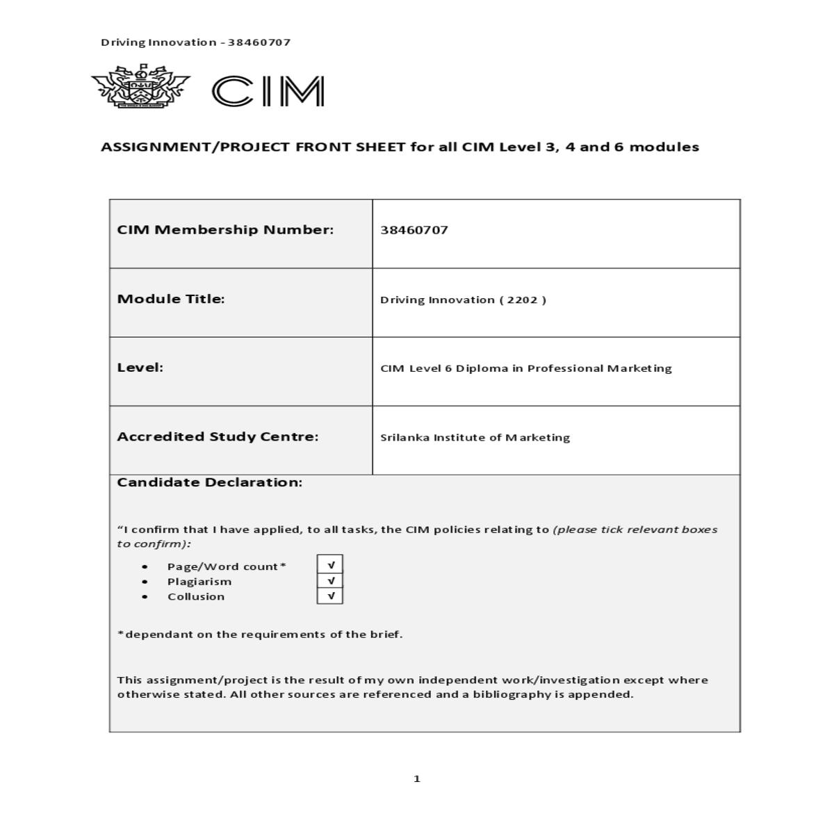 driving innovation assignment front sheet for all cim level
