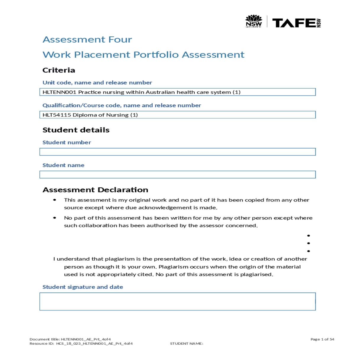 assessment fourwork placement portfolio assessmentcriteriaunit