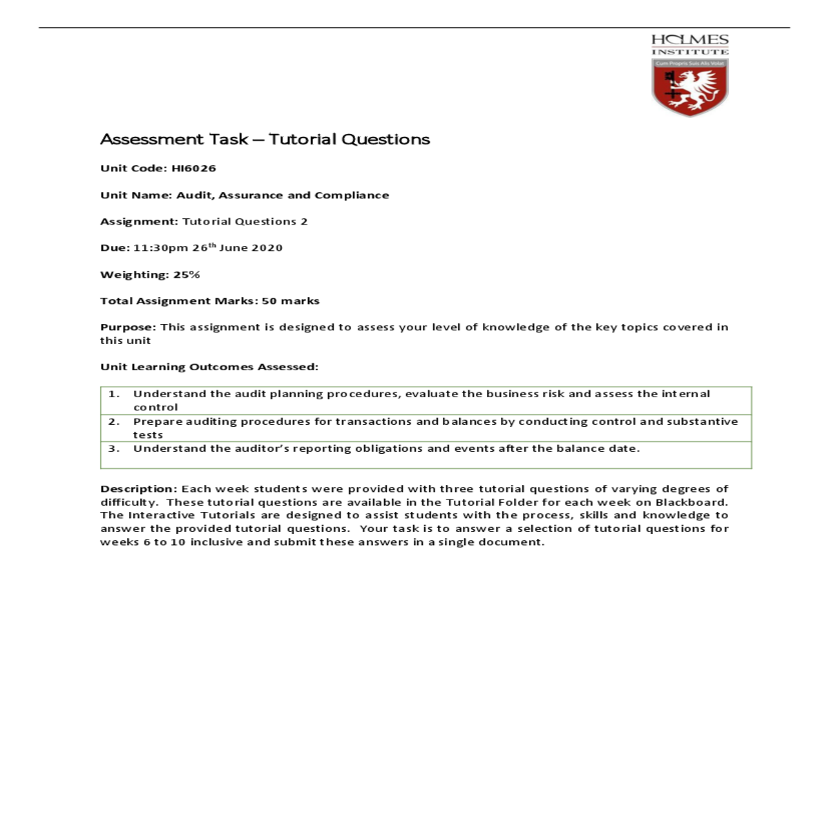 assessment task tutorial questions unit code unit name audit