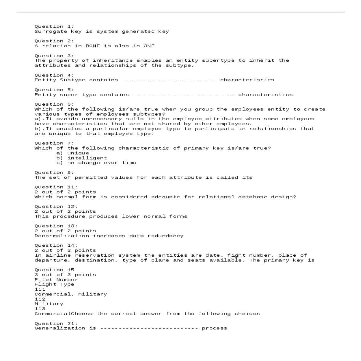 the primary key isquestion out points pilot number flight type