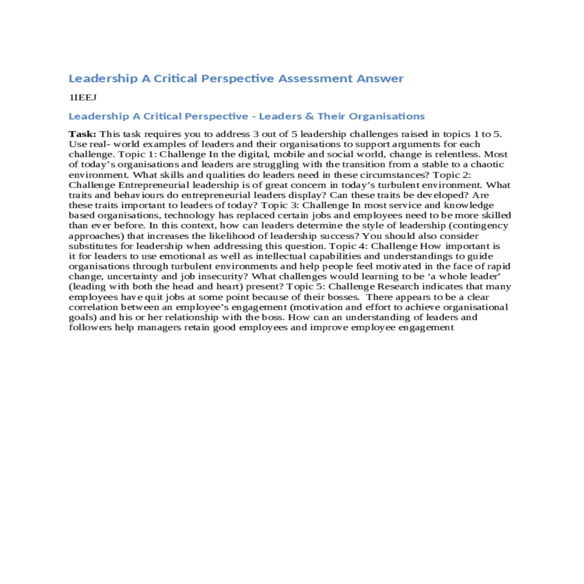 leadership a critical perspective assessment answer