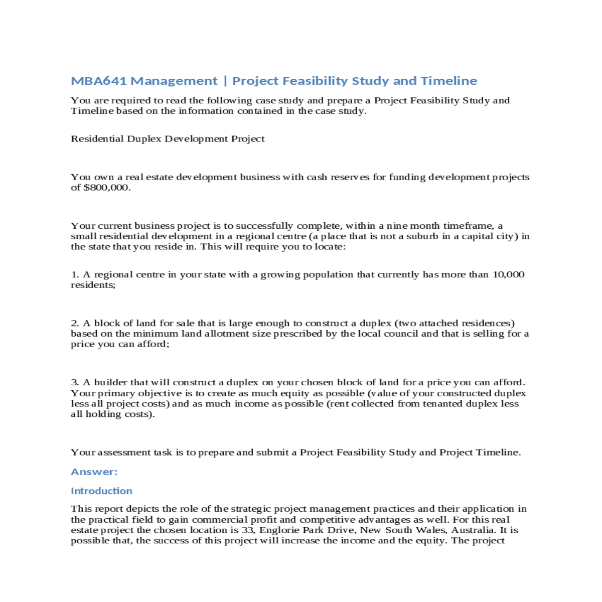 feasibility study for the construction project