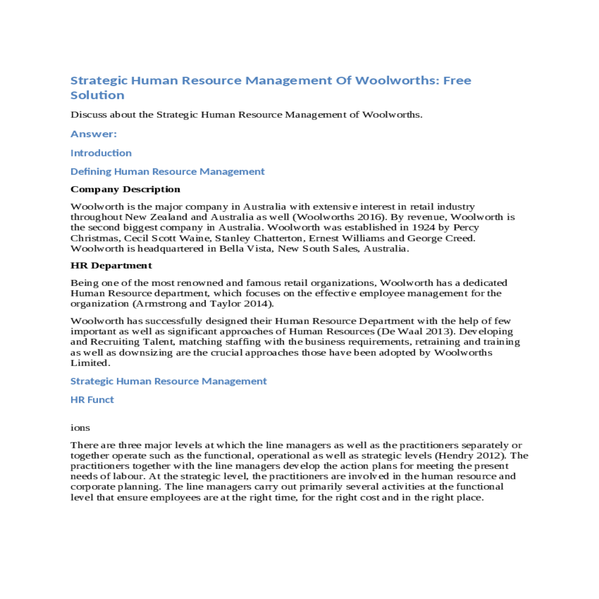 strategic human resource management of woolworths free solution