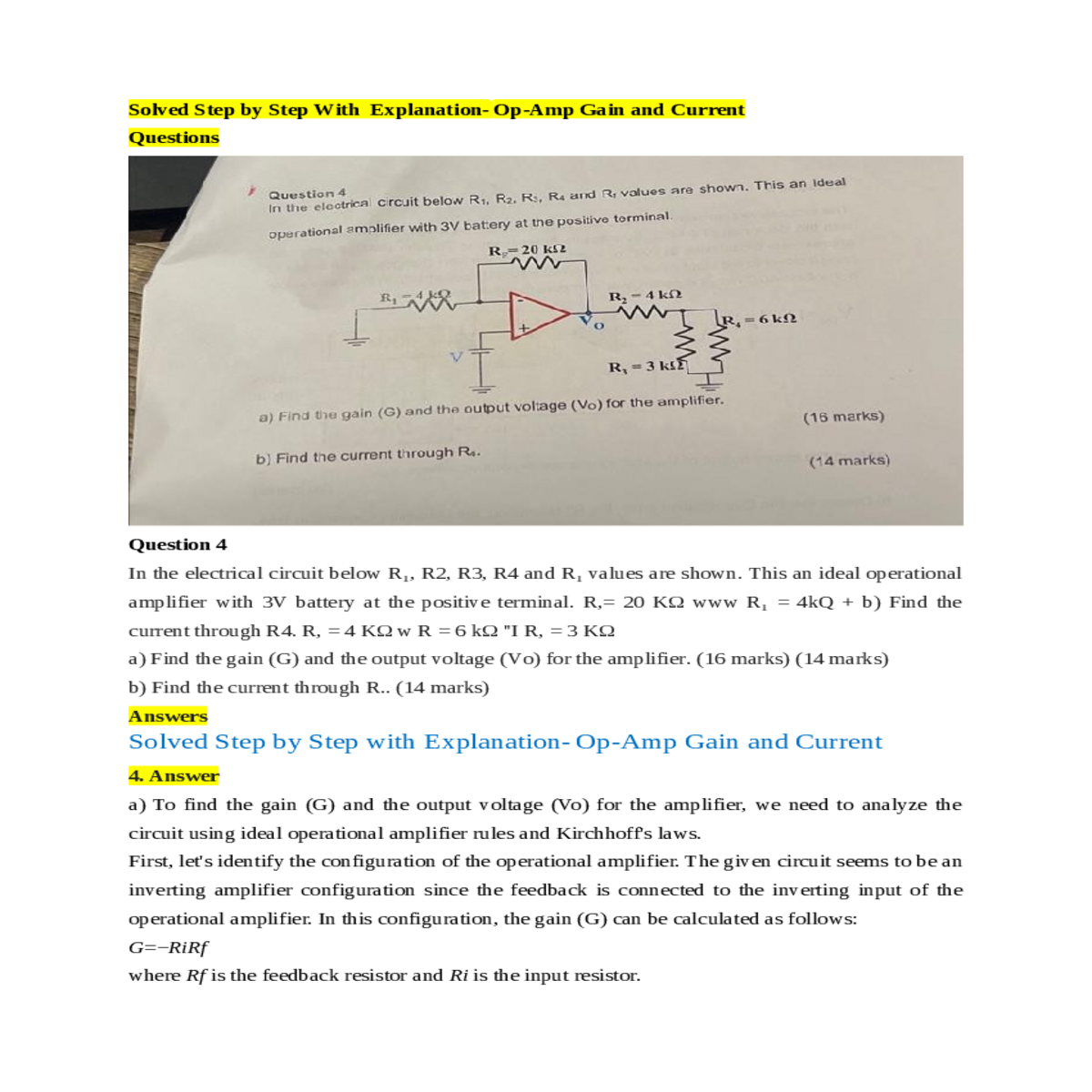 marks step step with explanation opamp gain and current