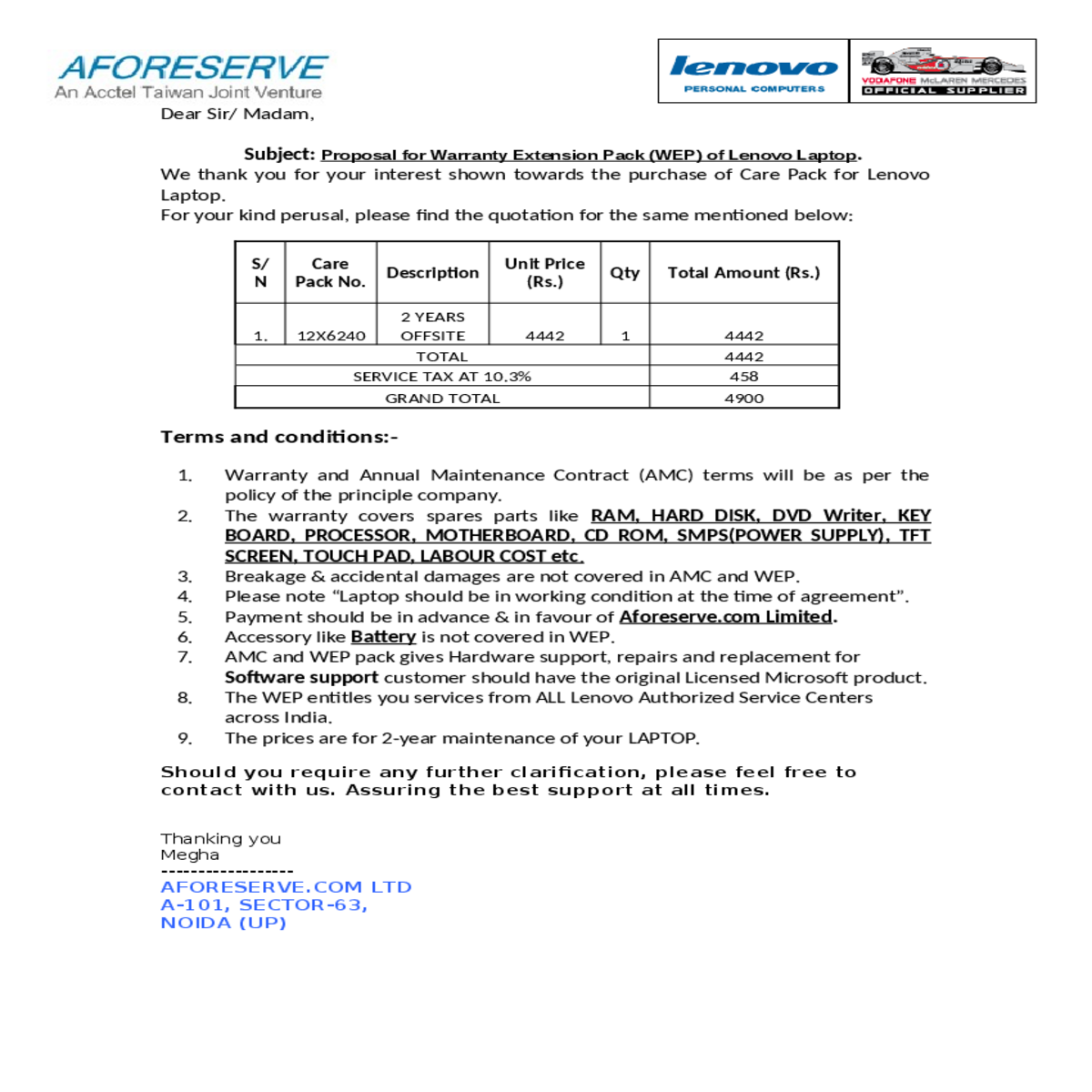 warranty and annual maintenance contract amc terms will be as p