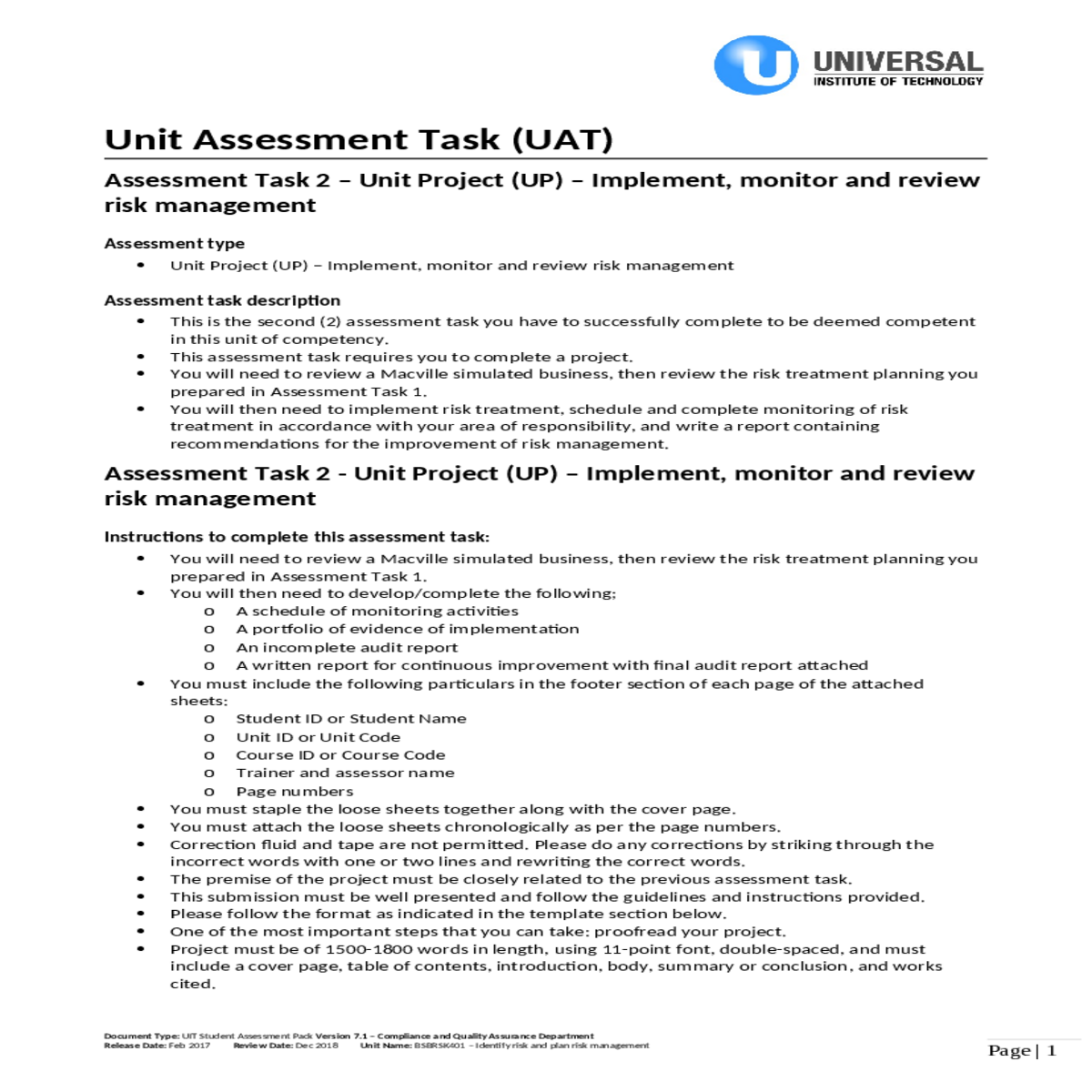 assessment task 2 unit project up – implement monitor and revi