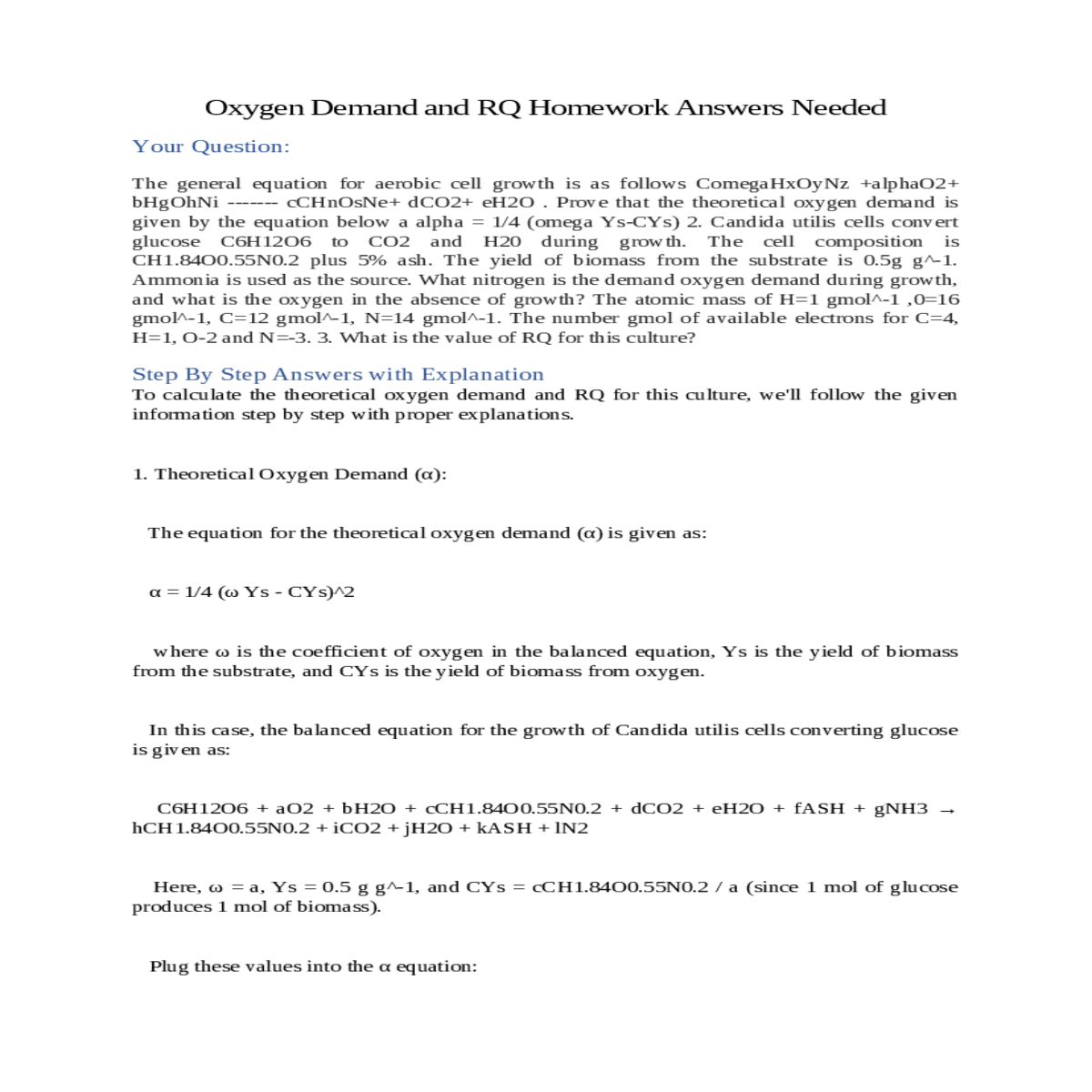 oxygen demand and rq homework answers needed