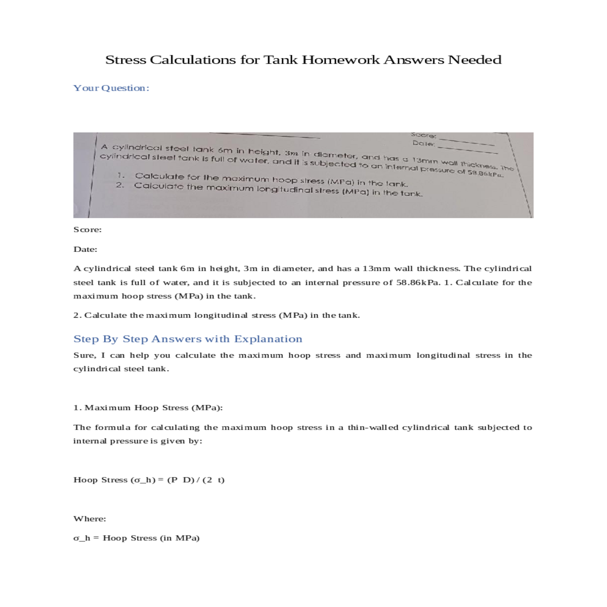 calculate for the maximum hoop stress mpa the tank