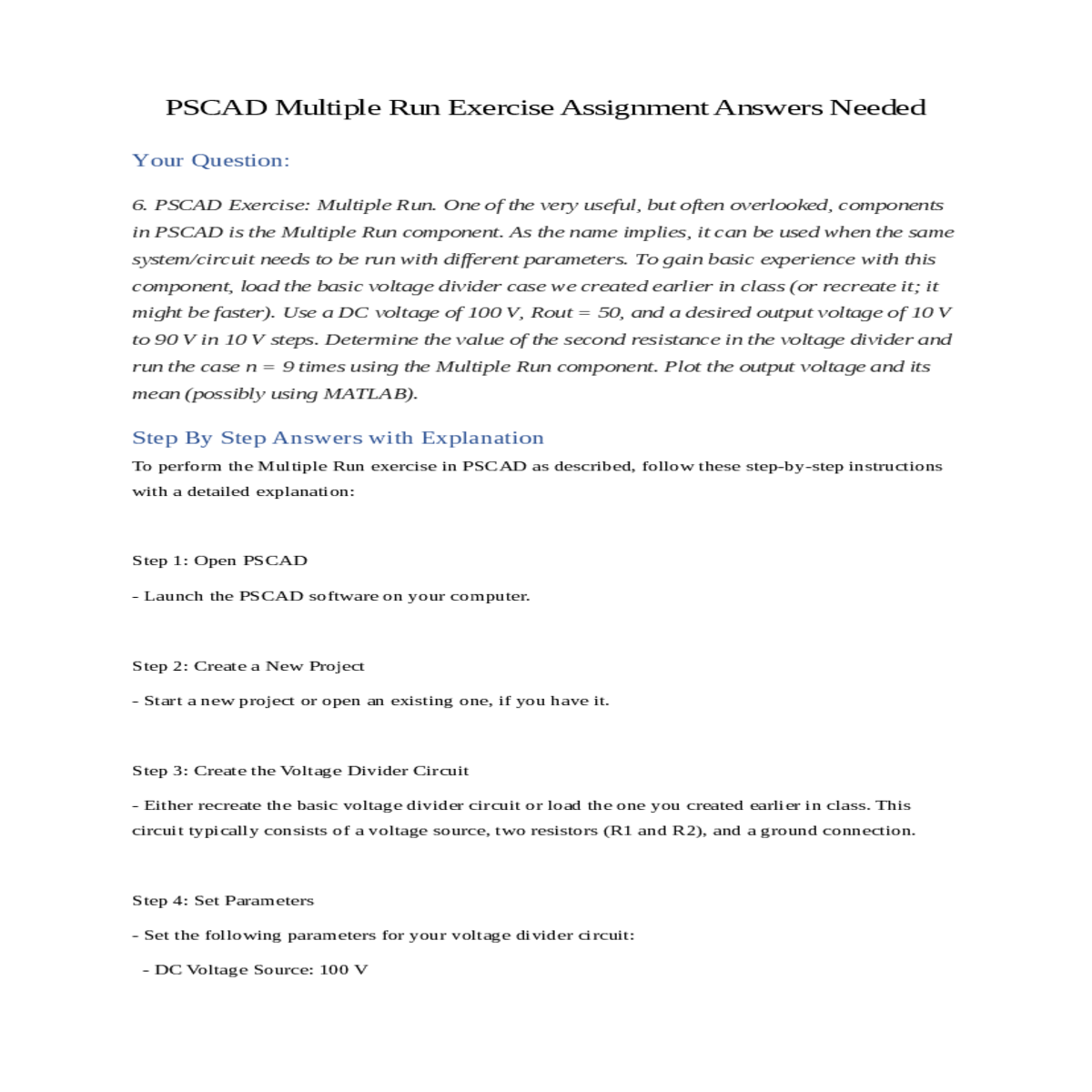 pscad multiple run exercise assignment answers needed