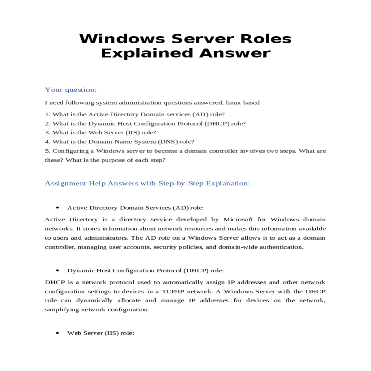 windows server roles explained answer