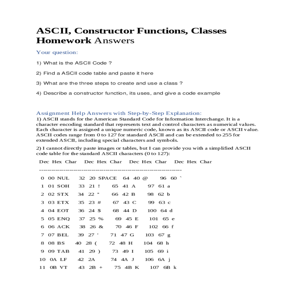 Ascii Constructor Functions Classes Homework Answers