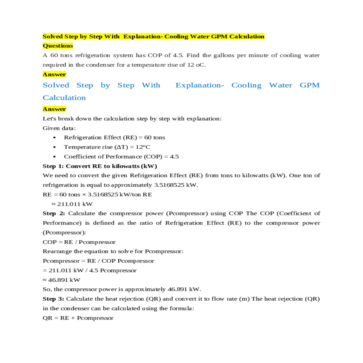 solved step step with explanation cooling water gpm calculation