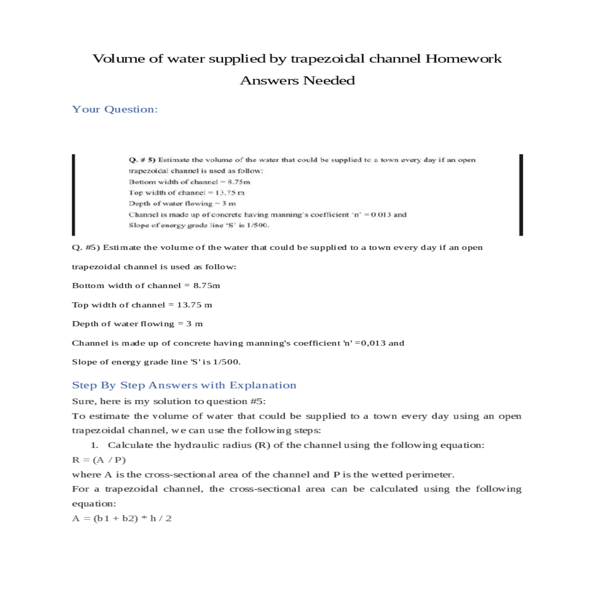 volume of water supplied by trapezoidal channel homework answer