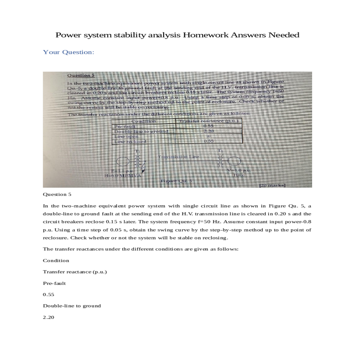 power system stability analysis homework answers needed