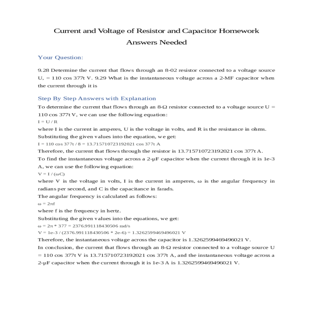 current and voltage of resistor and capacitor homework answers