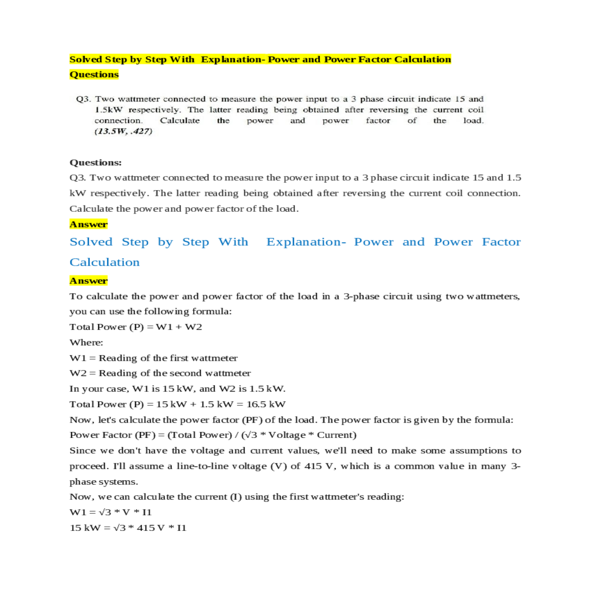 solved step step with explanation power and power factor calcul solved step step with explanation power and power factor calcul