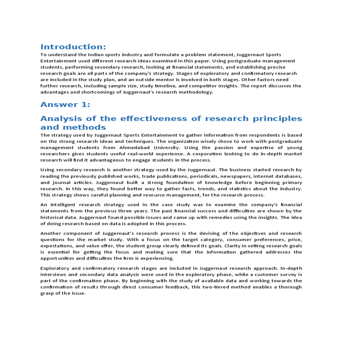 major insights derived from the marketing research and solution