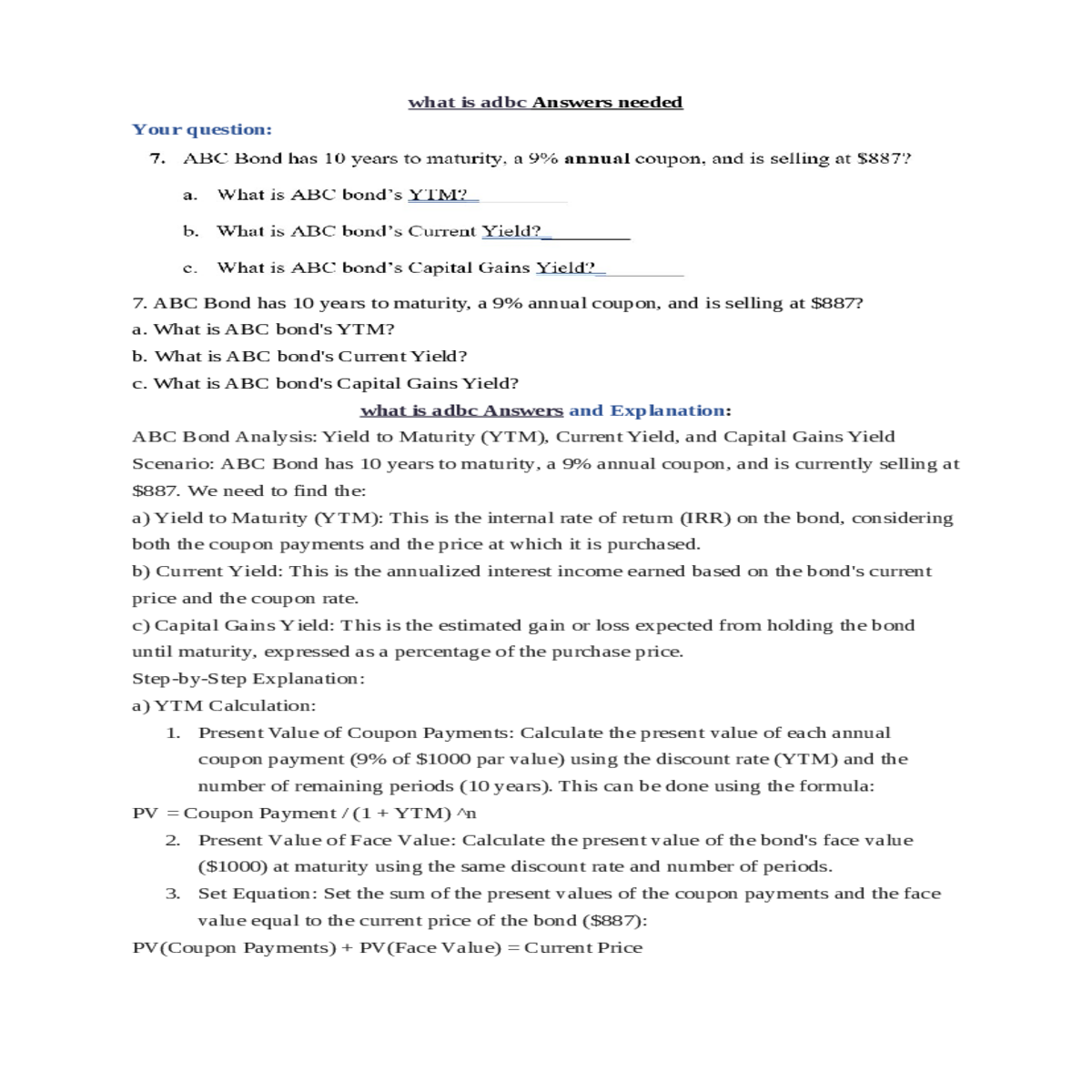 abc bond analysis yield to maturity ytm current yield and capit