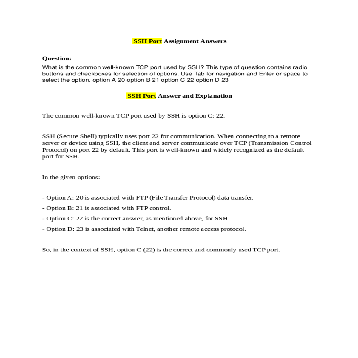 option the correct and commonly used tcp port