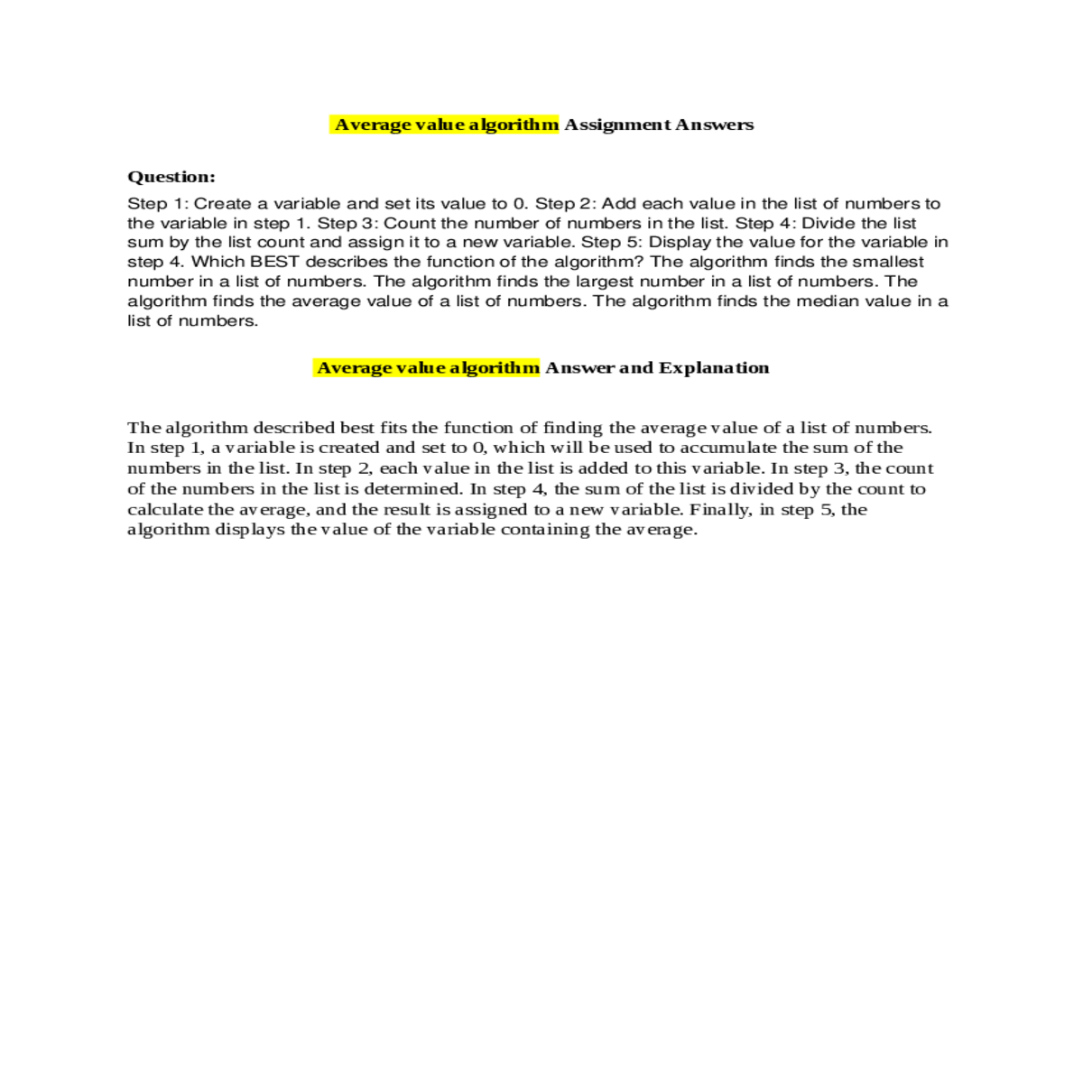 average value algorithm answer and explanation