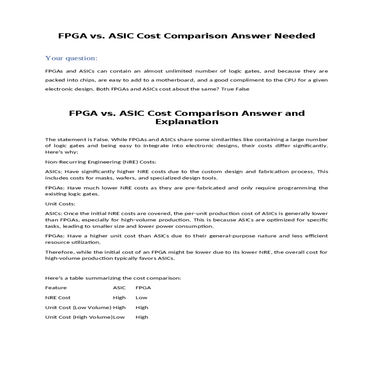 asic cost comparison answer and explanationthe statement false