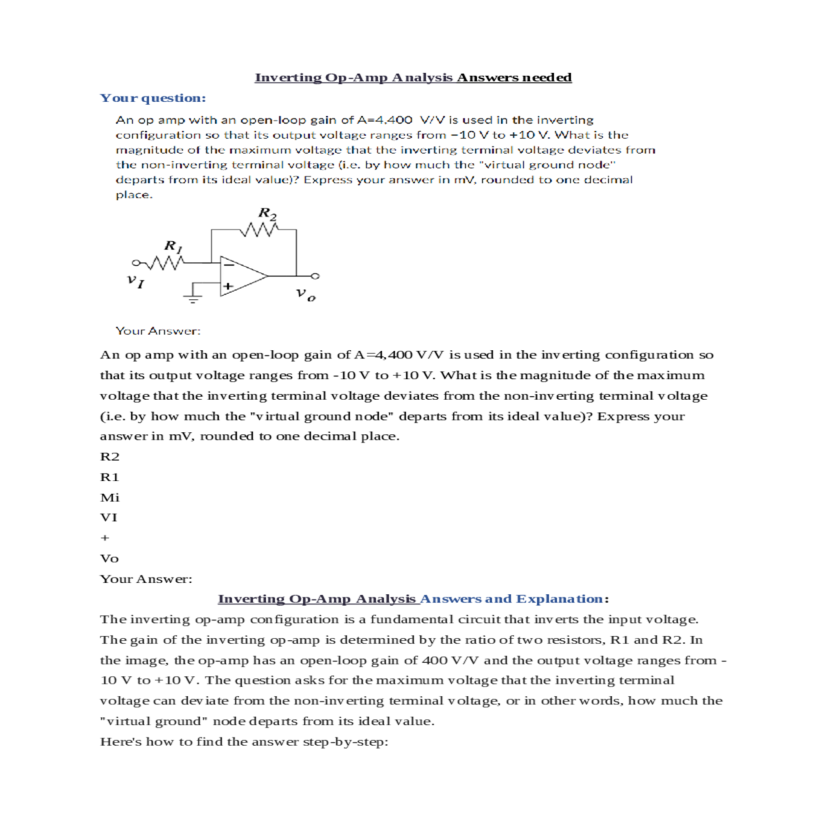 inverting opamp analysis answers needed